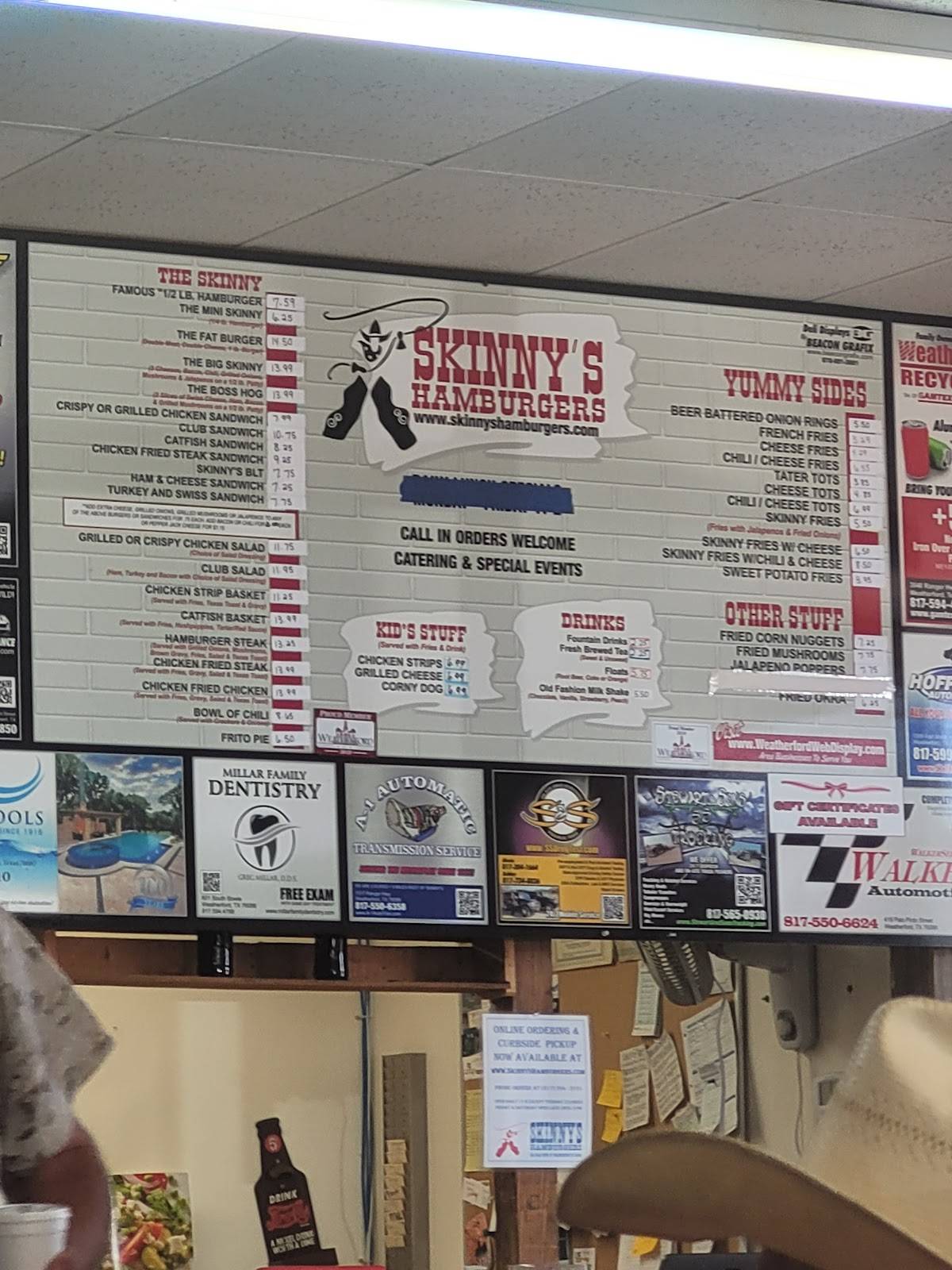 Menu at Skinny's Hamburgers restaurant, Weatherford