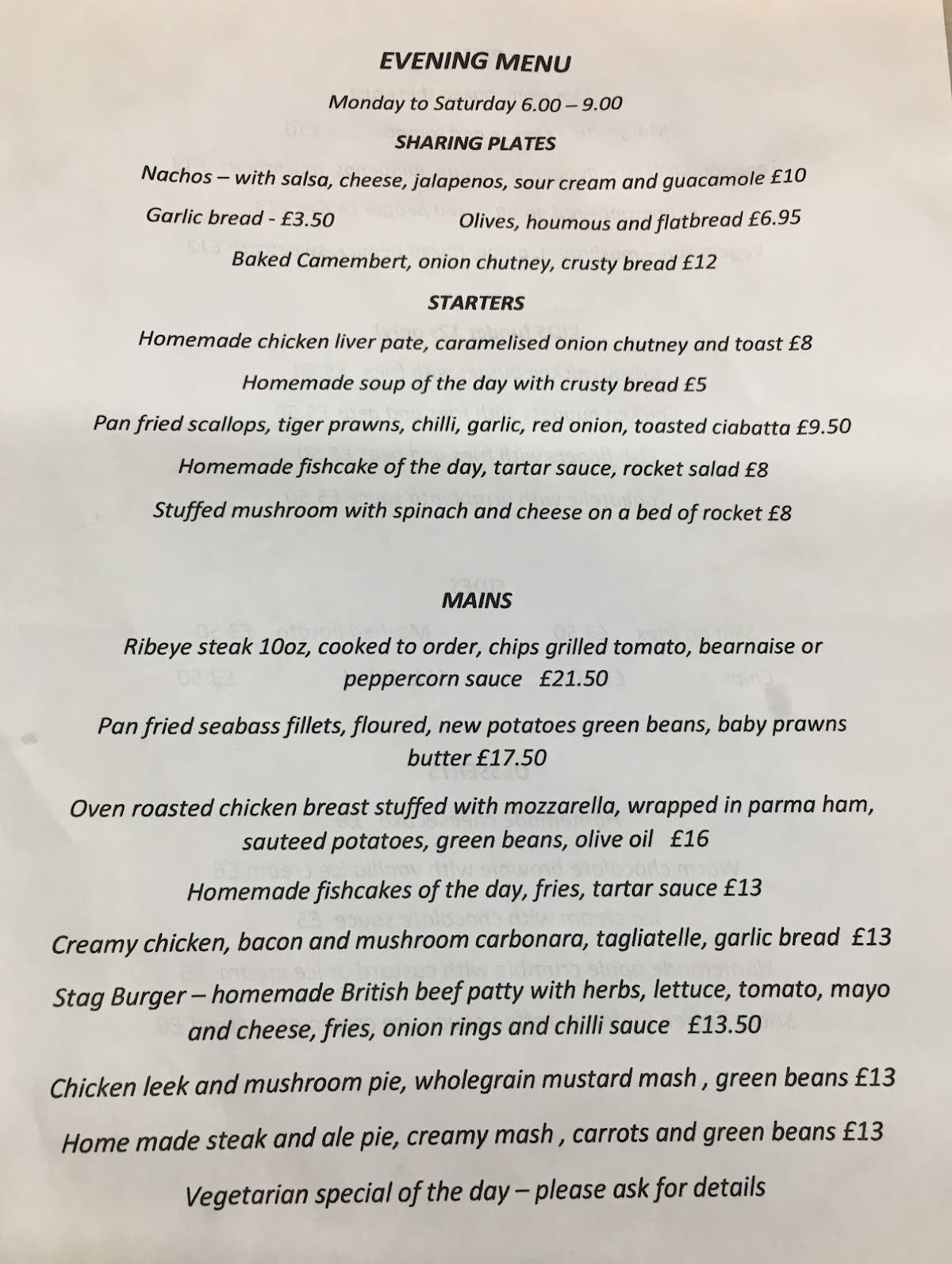 Menu at The Stag restaurant, Stoke Poges, Wexham St