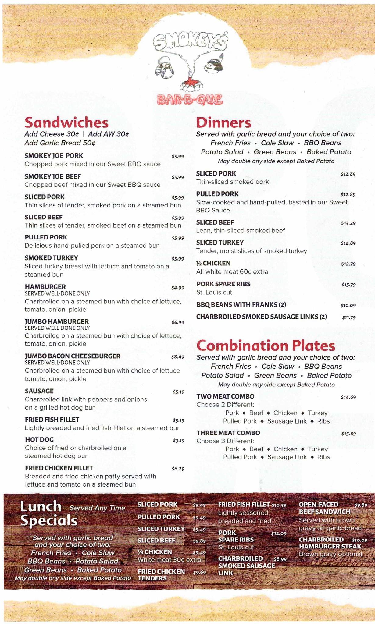Menu at Smokey's BBQ, Pensacola, Pensacola Blvd
