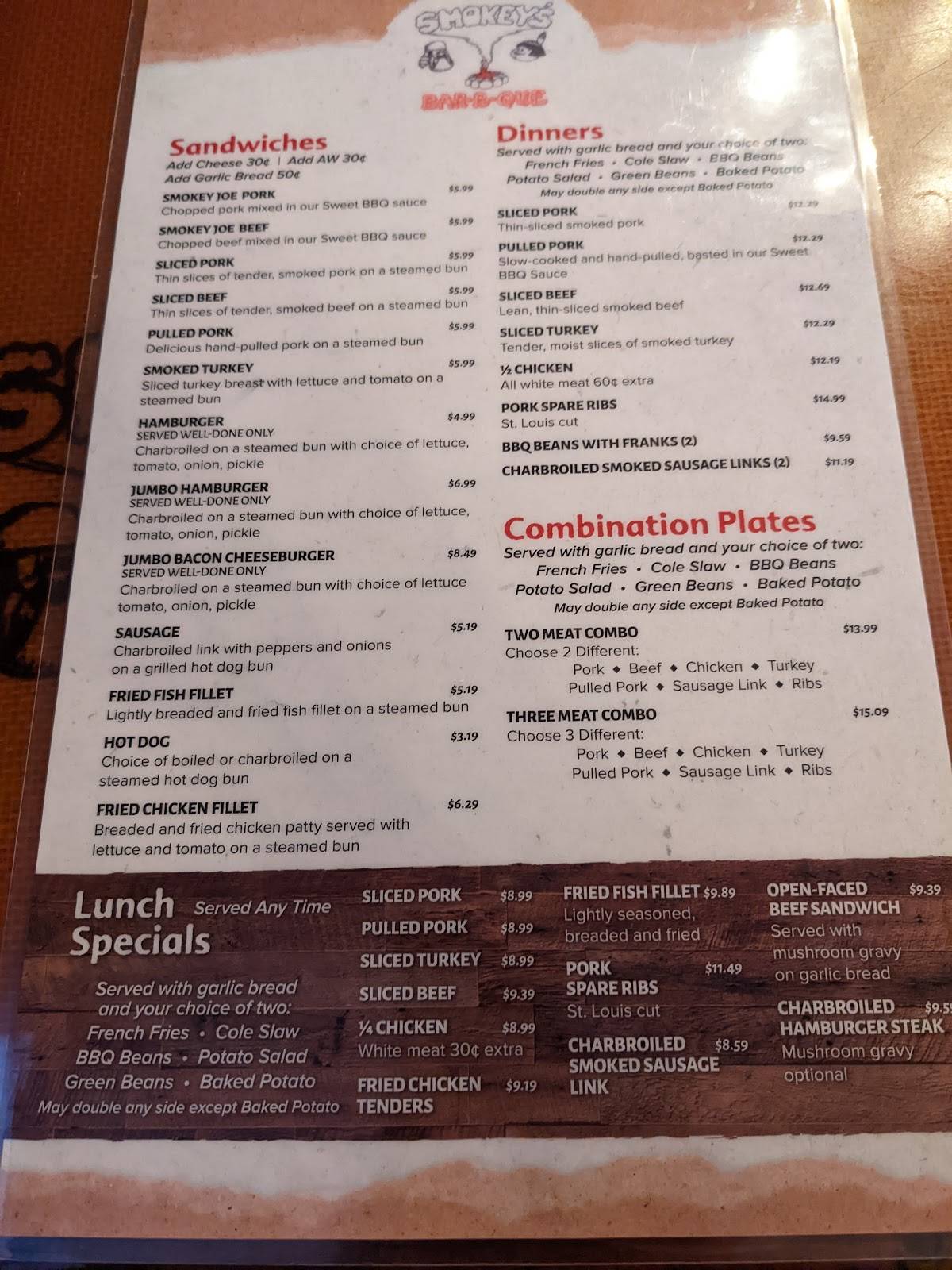 Menu at Smokey's BBQ, Pensacola, Pensacola Blvd
