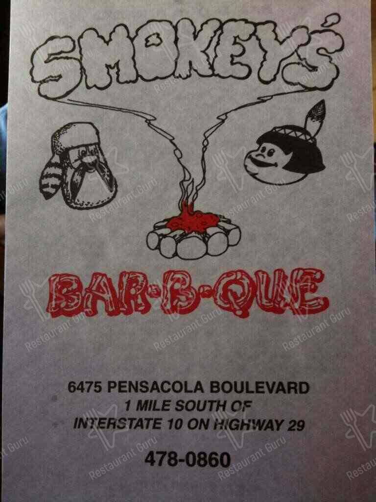 Menu at Smokey's BBQ, Pensacola, Pensacola Blvd