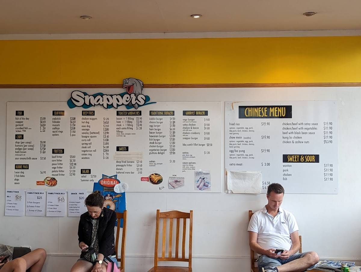 Menu at Snappers Fish and Chips restaurant, New Plymouth
