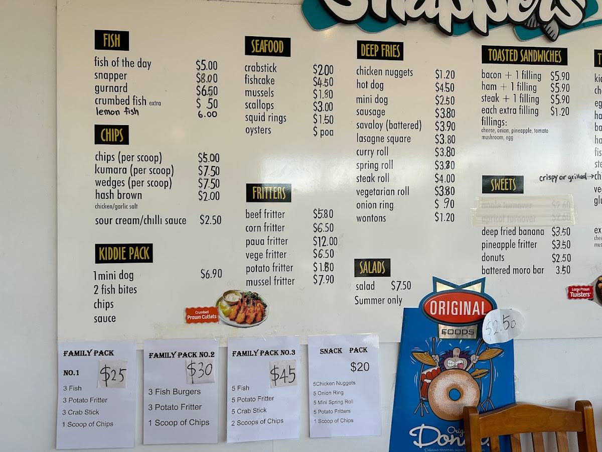 Menu at Snappers Fish and Chips restaurant, New Plymouth