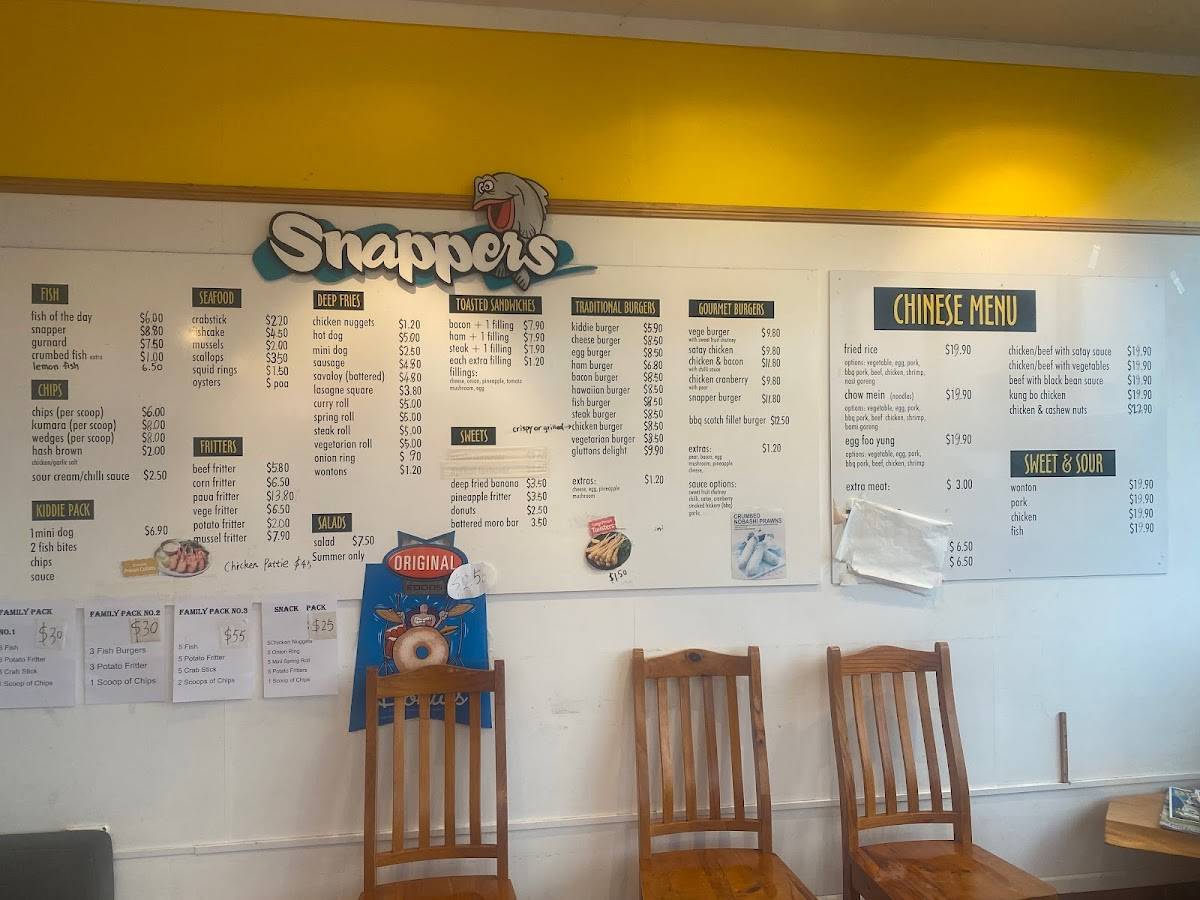 Menu at Snappers Fish and Chips restaurant, New Plymouth