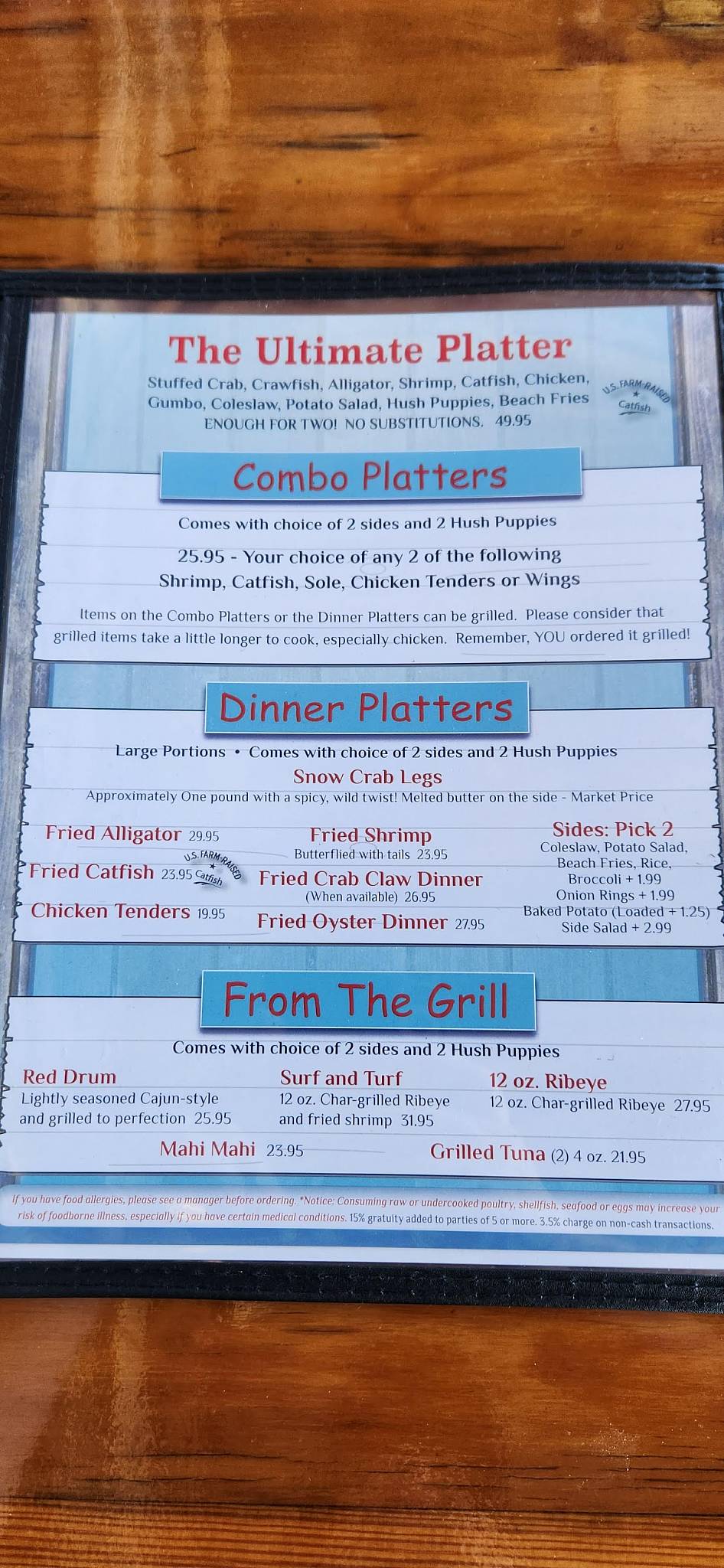 Menu at Snapper's Seafood restaurant, Biloxi, Beach Blvd