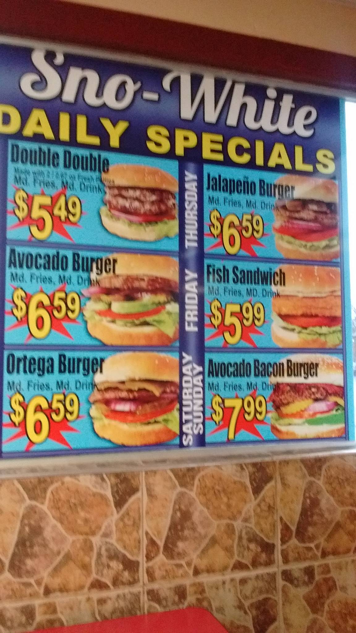 Menu at Sno-White Drive In restaurant, Tulare
