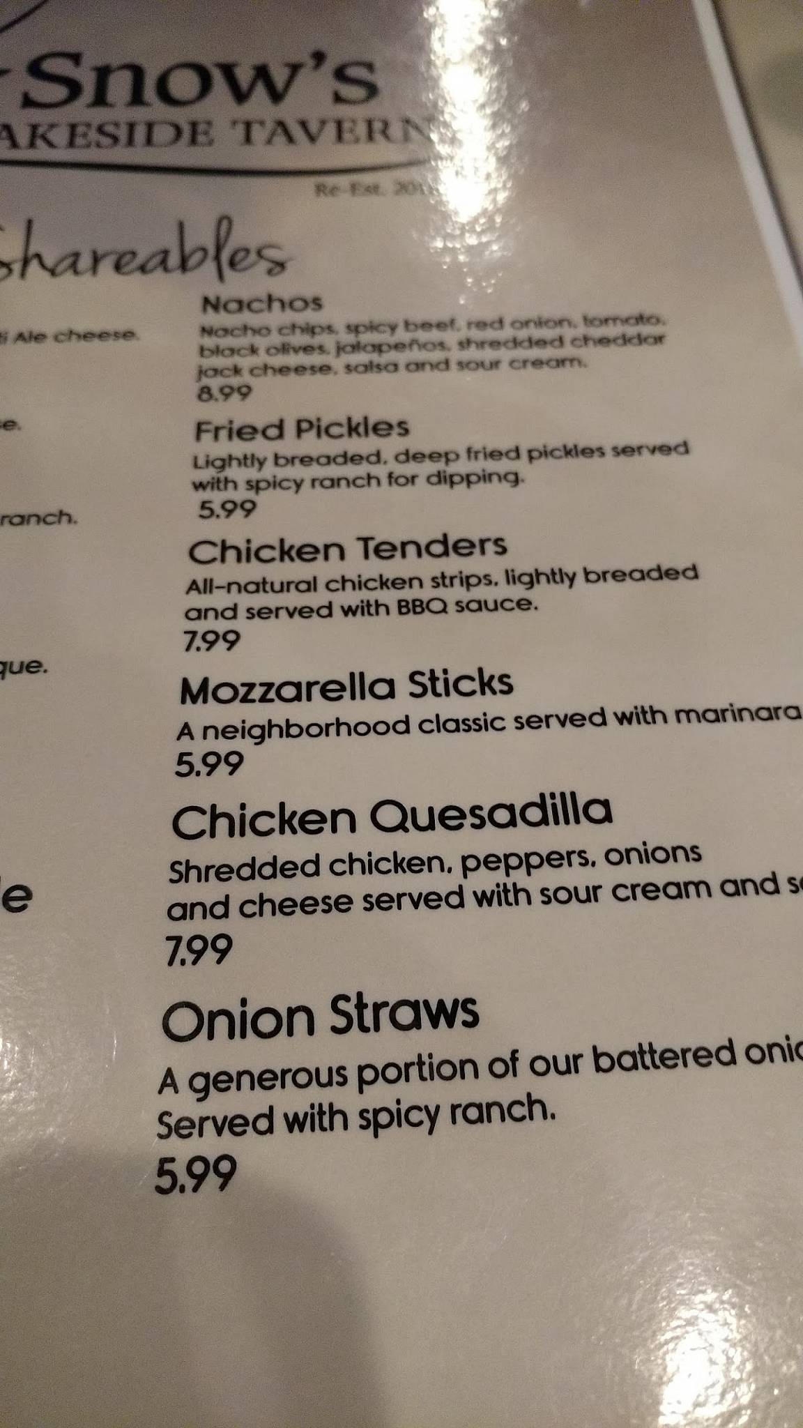 Menu at Snow's Lakeside Tavern - Craft Beer - Steaks - Sports Bar ...