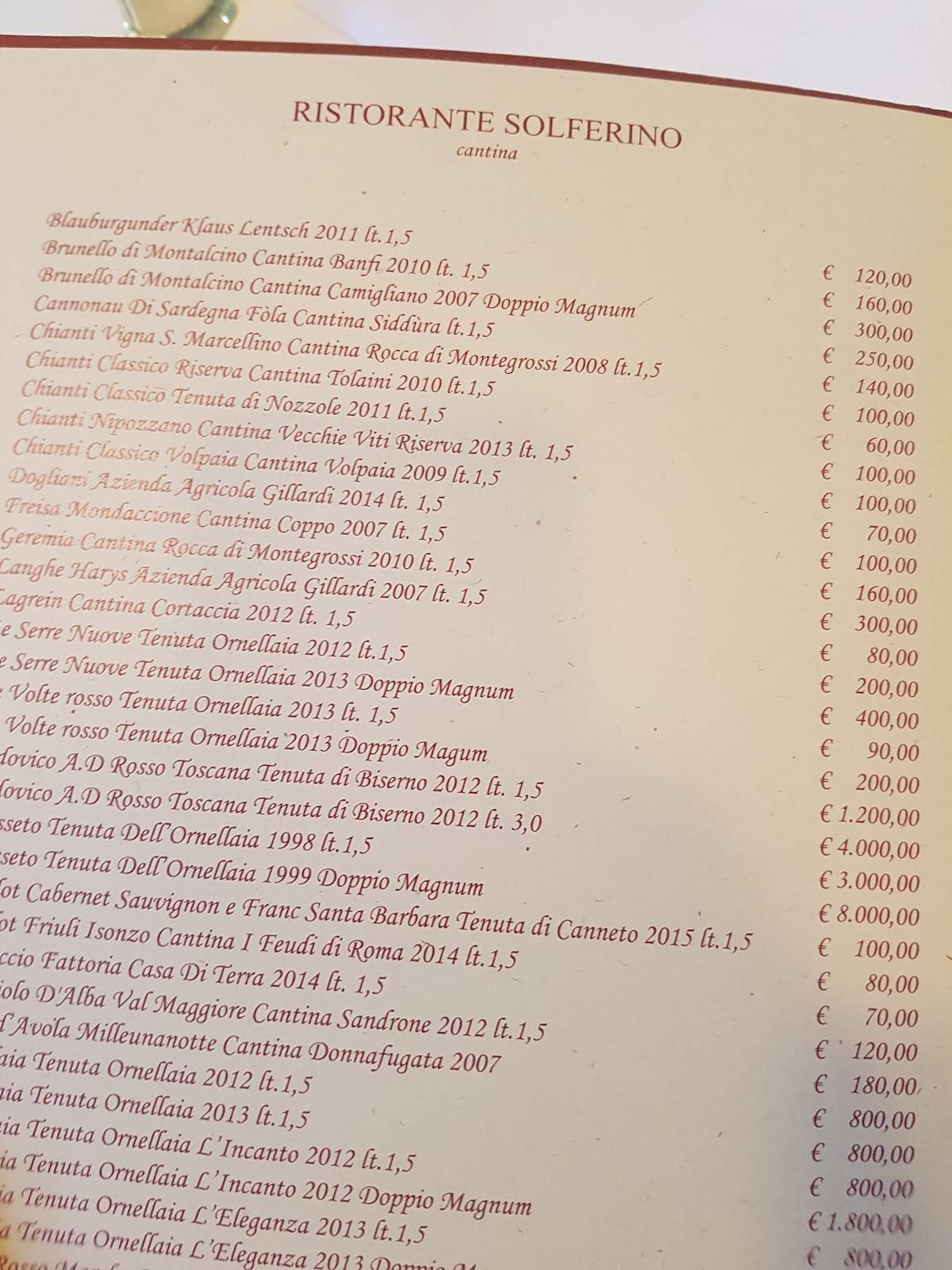 Menu at Solferino restaurant, Milan