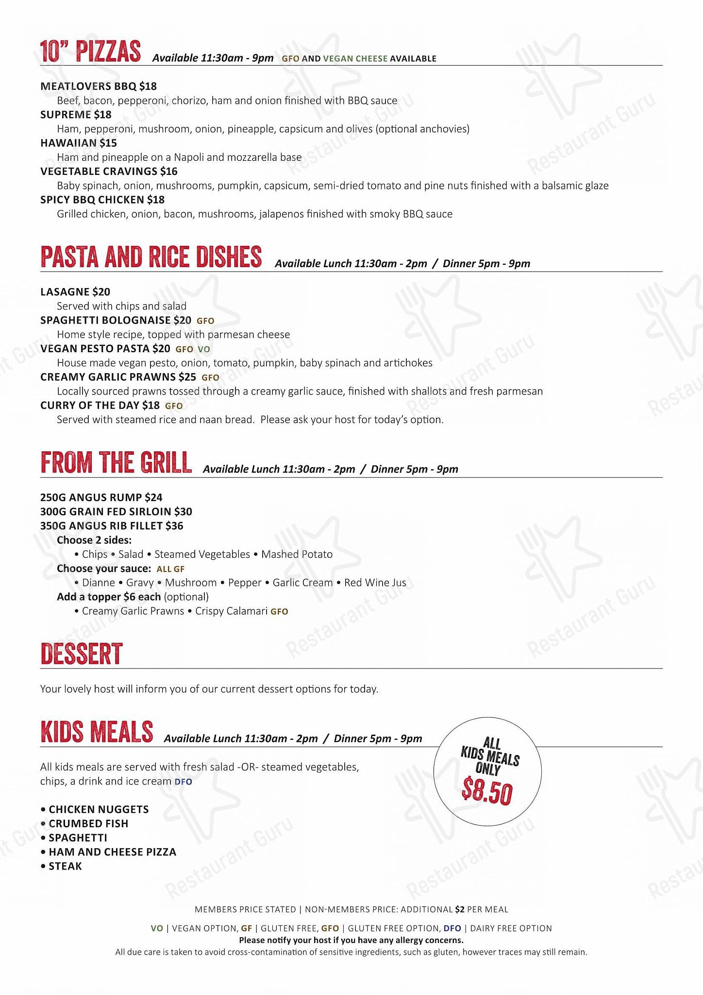 Menu at South Cairns Sports Club, Edmonton