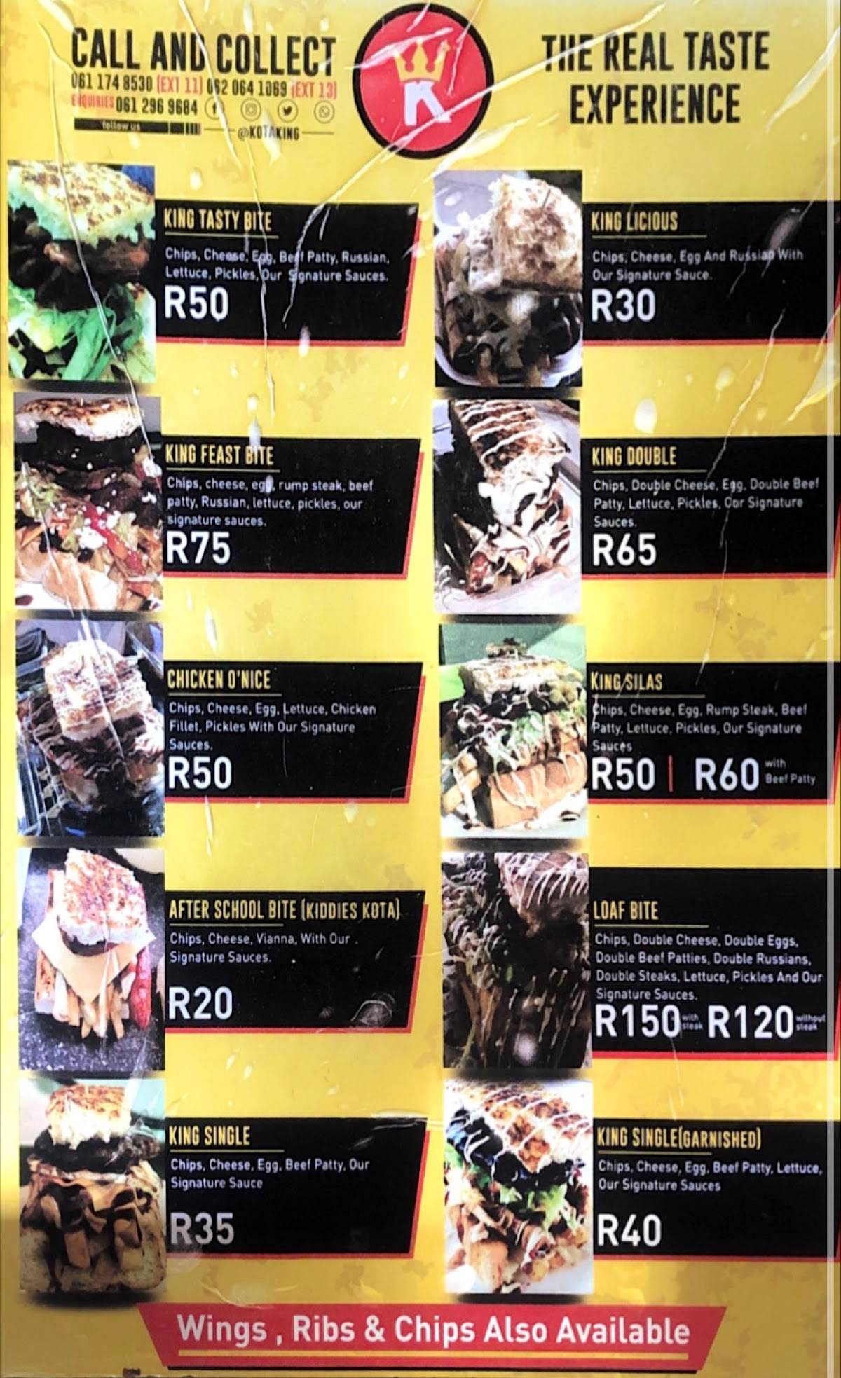 Menu at kota king restaurant, Soweto, Protea Blvd