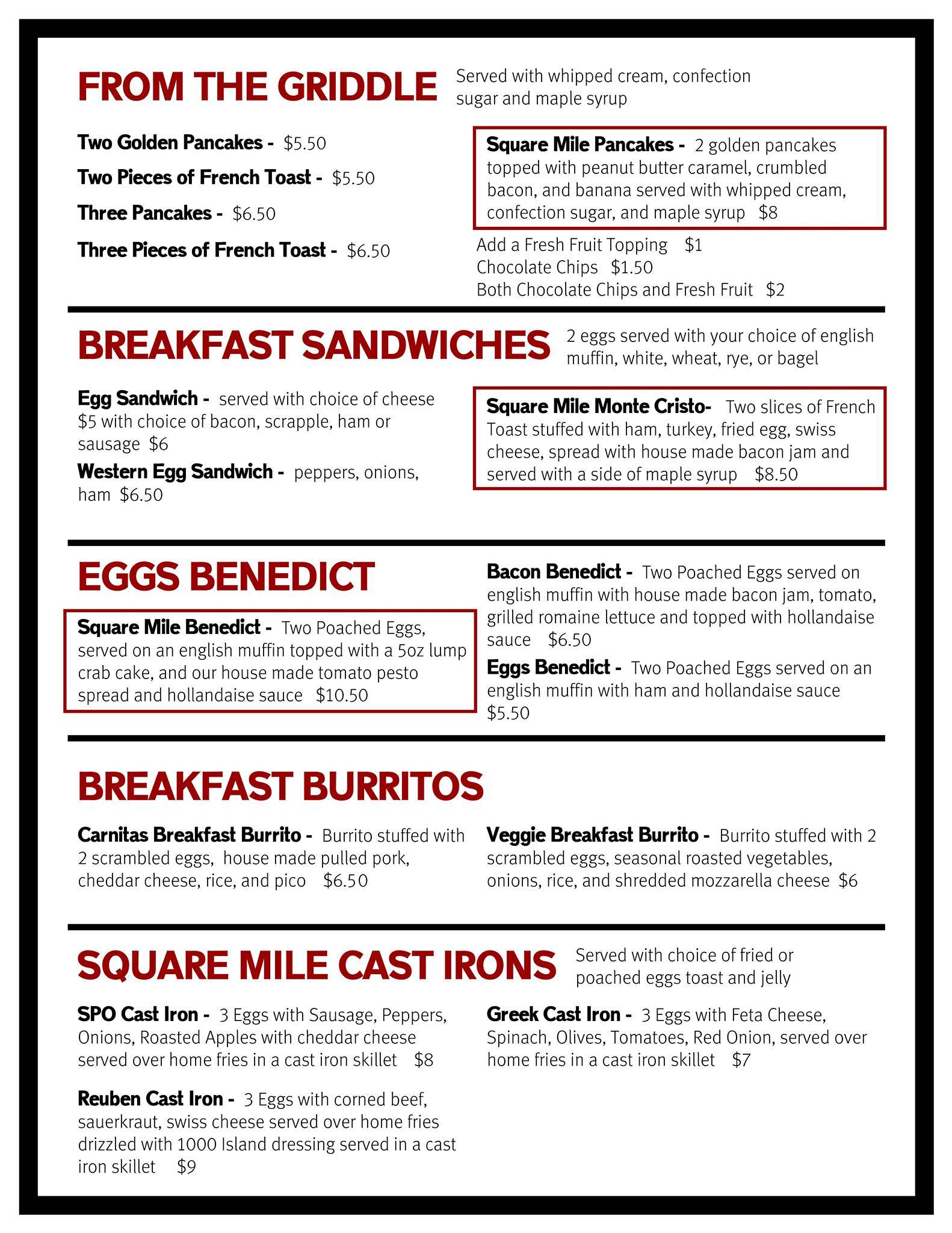 Menu at Square Mile Public House, Mountville
