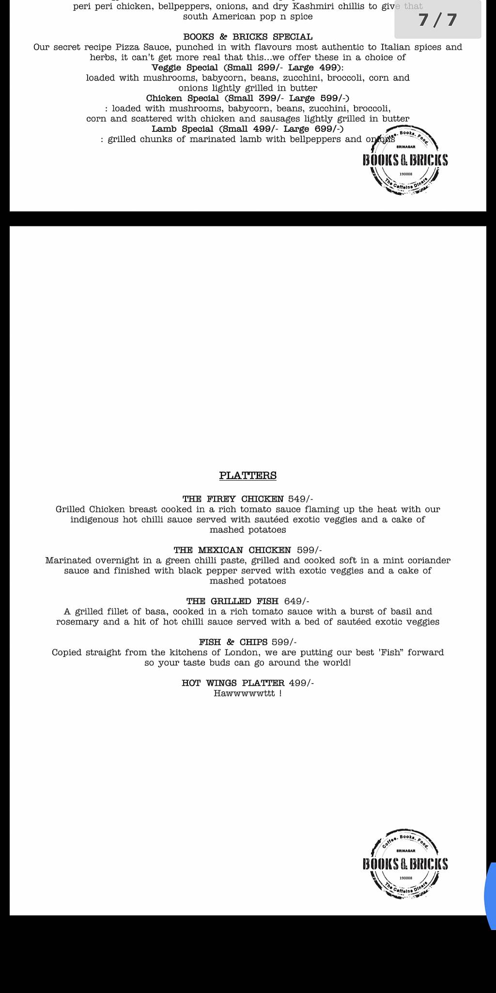 Menu at Books & Bricks Cafe, Srinagar