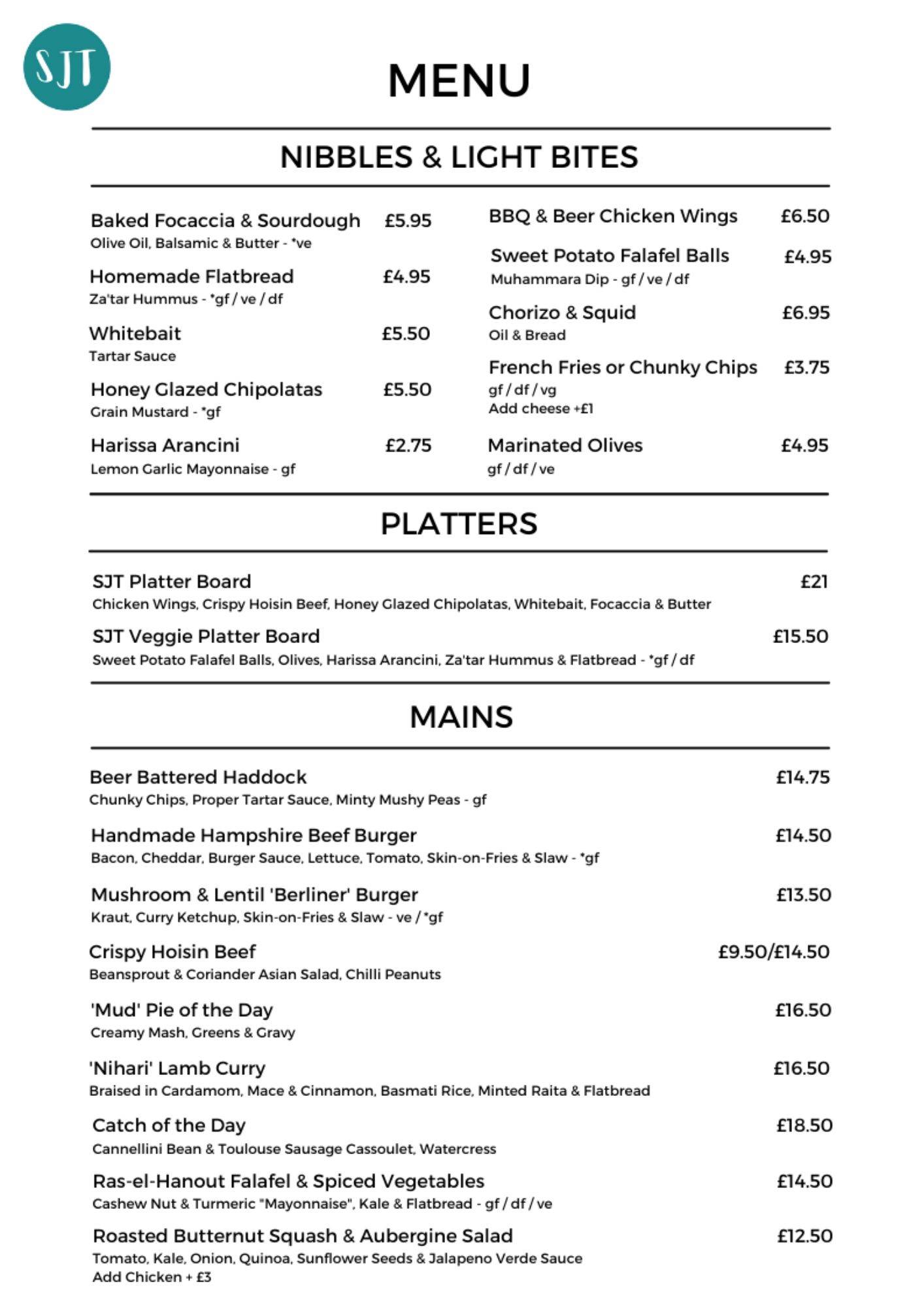 Menu at St. James Tavern pub & bar, Winchester, 3-5 Romsey Rd