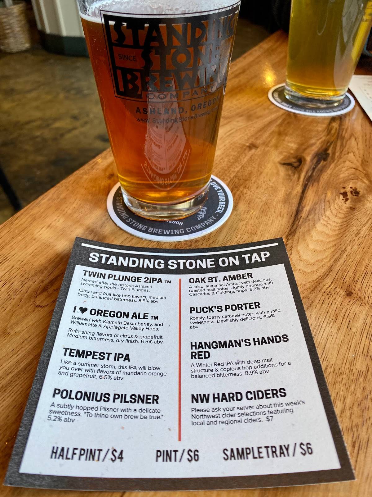 Menu at Standing Stone Brewing Company pub & bar, Ashland