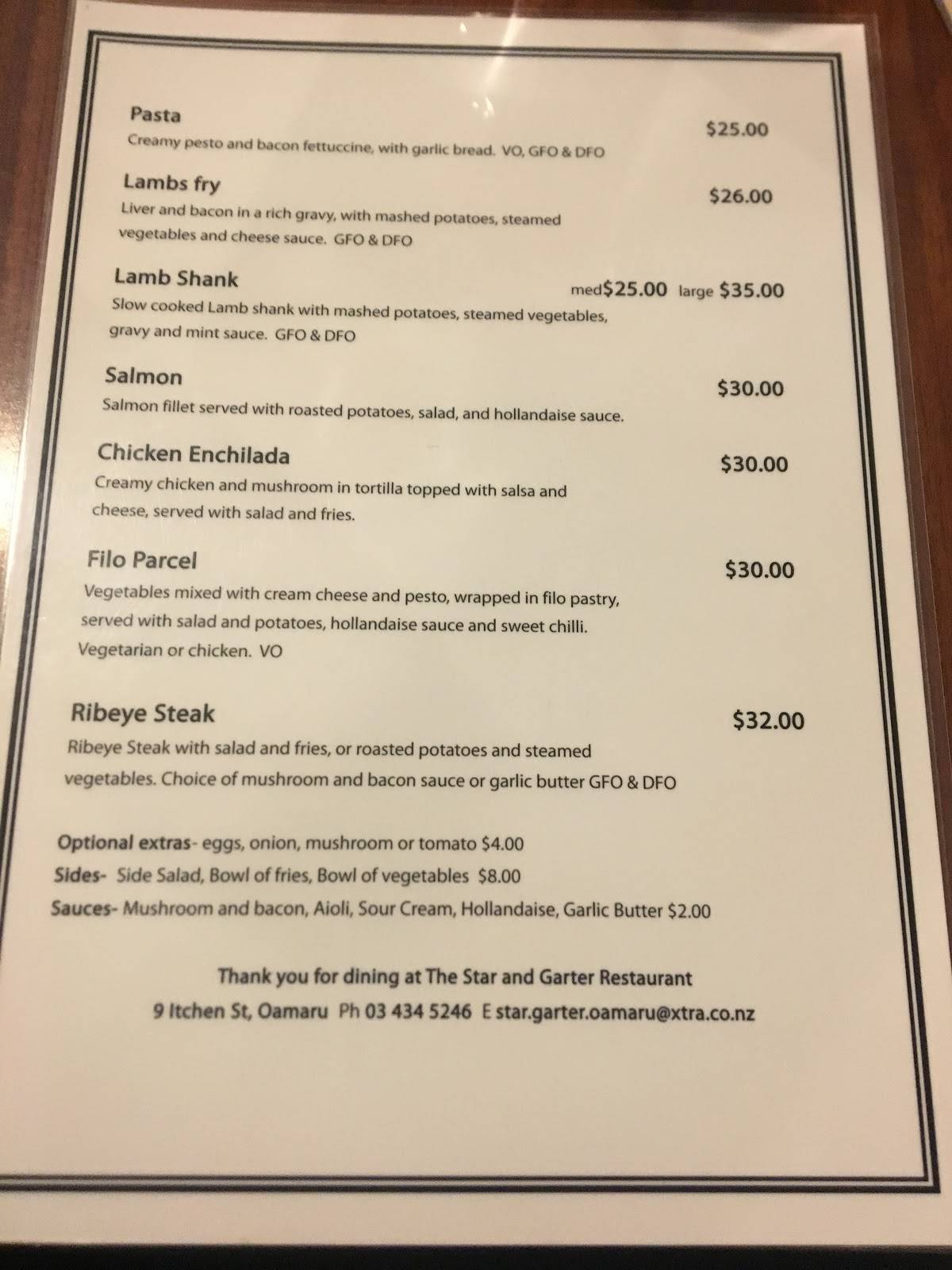 Menu at Star and Garter Restaurant, Oamaru