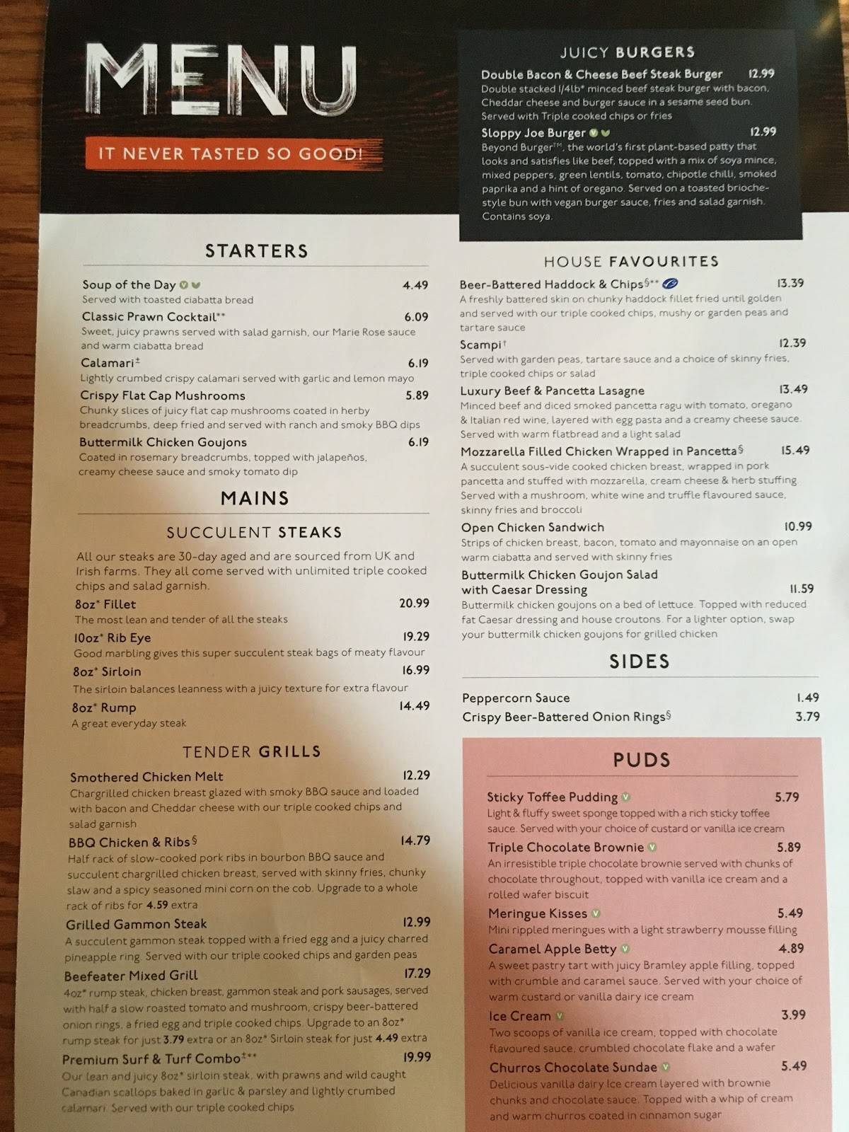 Menu at Starting Gate Beefeater restaurant, Hereford