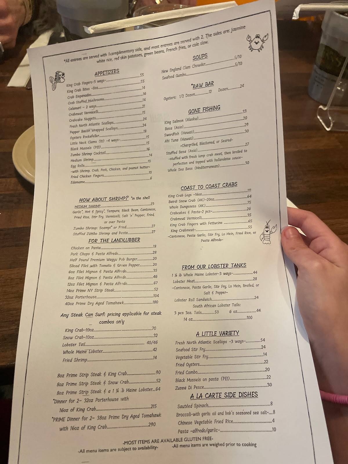 Menu at Bob Chinn's Crab House steakhouse, Wheeling