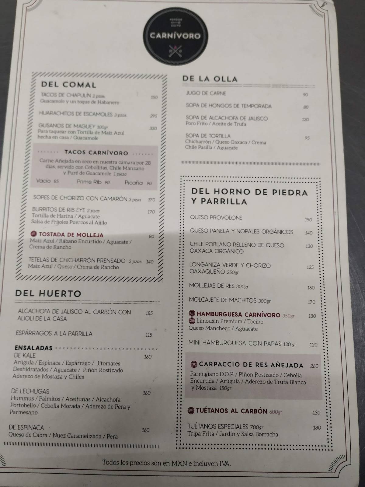 Carta de parrilla Cerrado permanentemente - Carnivoro, Ciudad de México