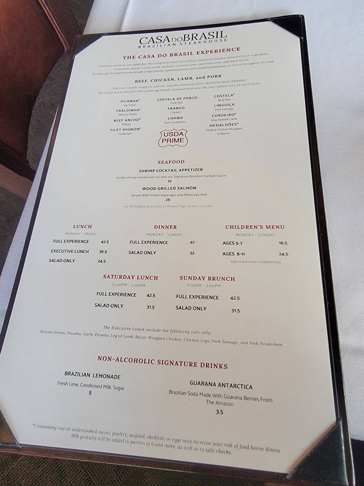 Menu at Casa do Brasil steakhouse, Houston