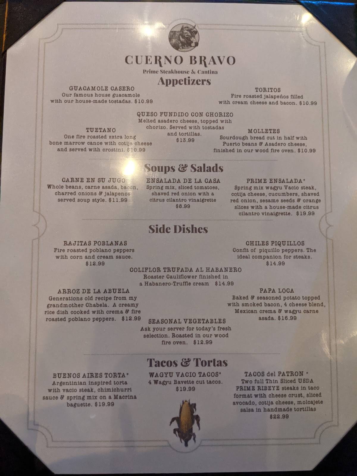 Menu at Cuerno Bravo Steakhouse, Tacoma