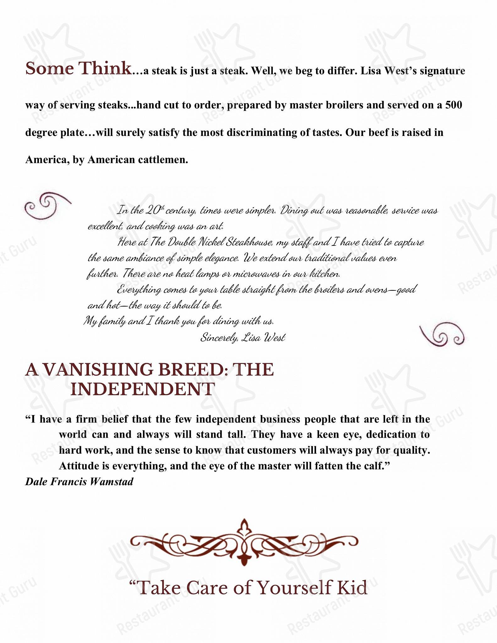 Menu at Double Nickel Steakhouse, Lubbock