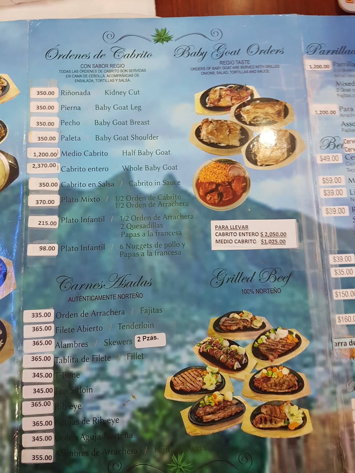 Menu at El Rey del Cabrito steakhouse, Monterrey, Constitución 2050