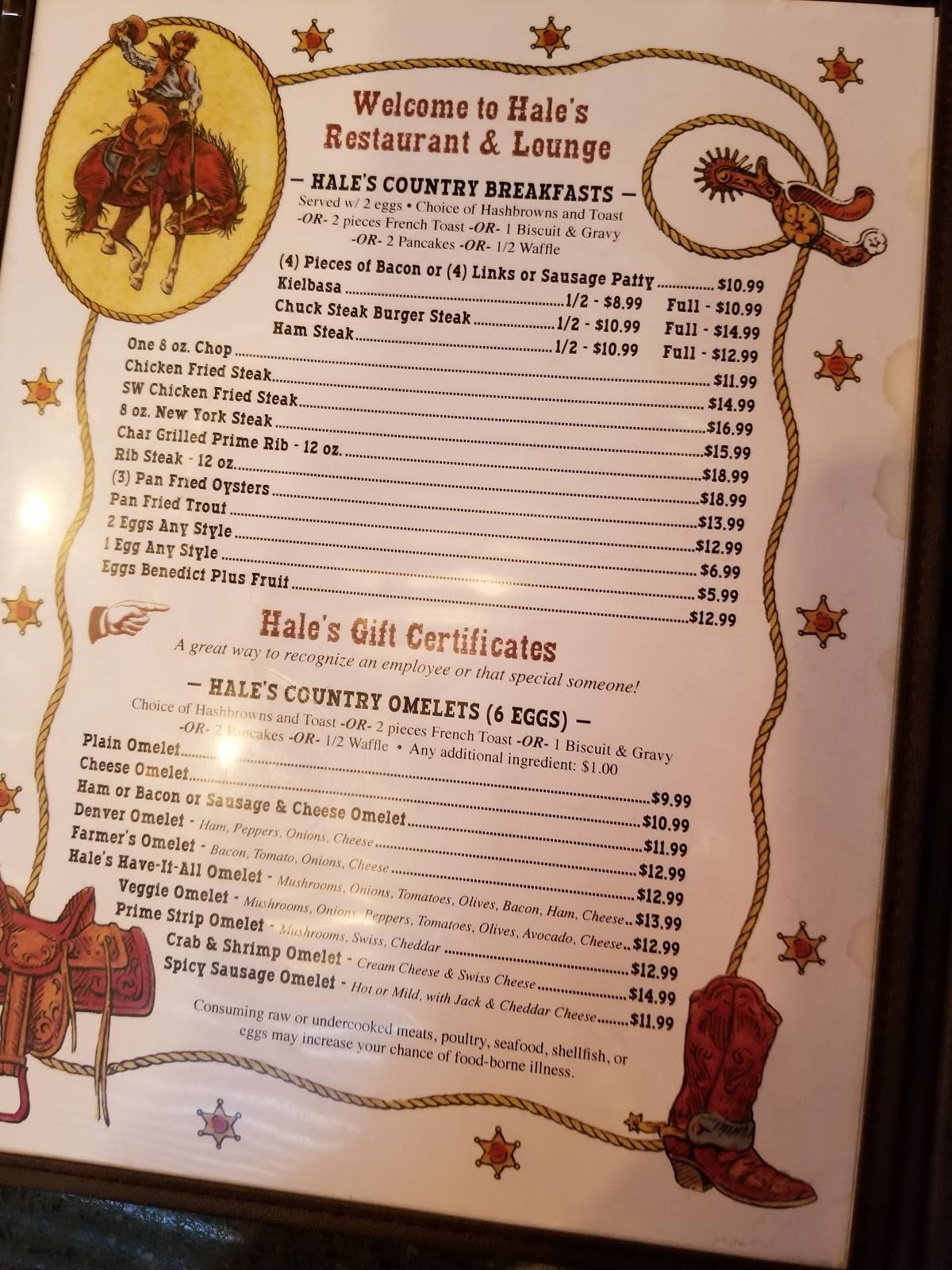 Menu at Hale's Tavern steakhouse, Hermiston