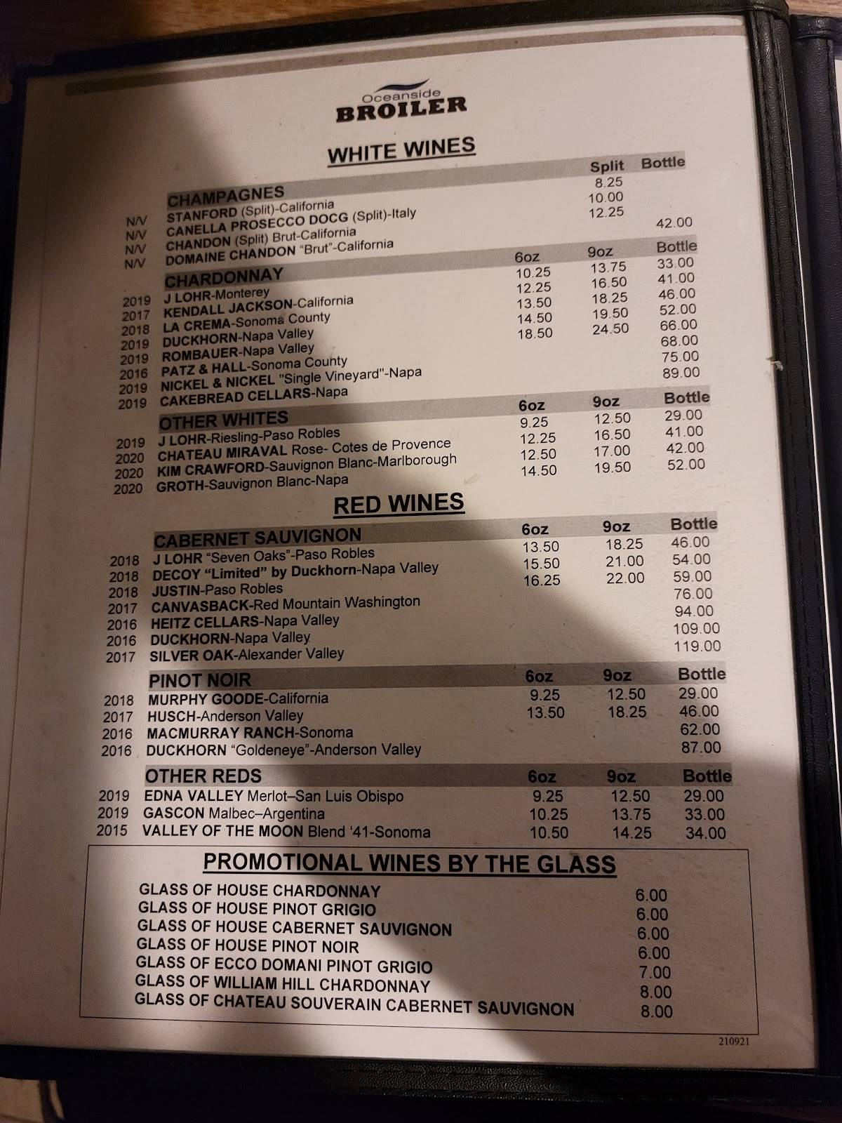Menu at Oceanside Broiler steakhouse, Oceanside, N Harbor Dr N