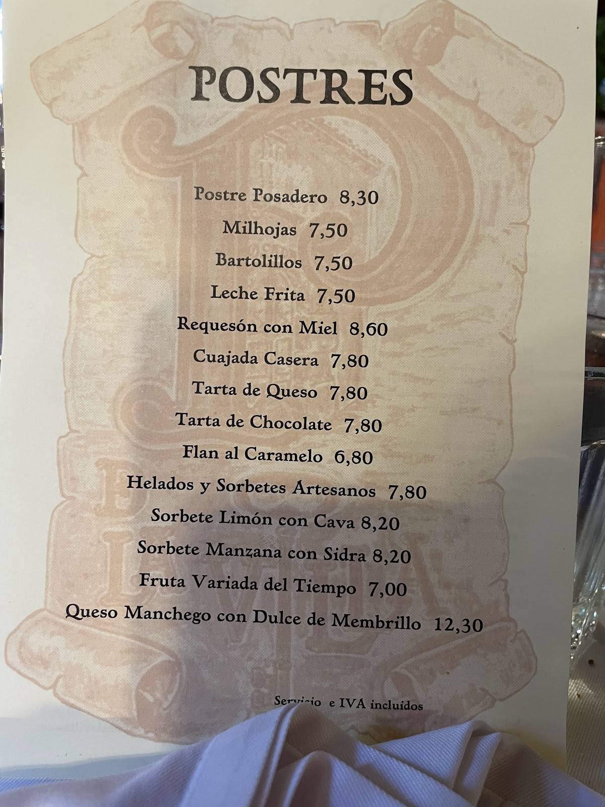 Menu at Posada de la Villa steakhouse, Madrid