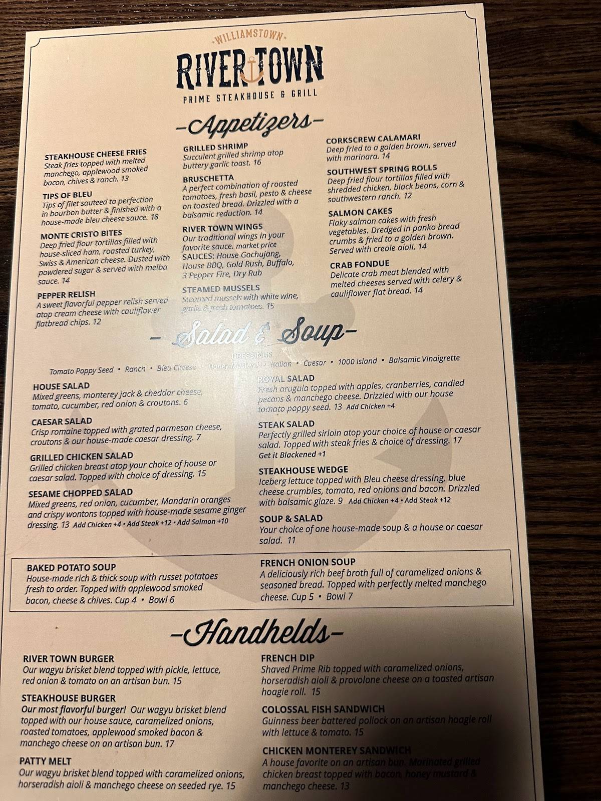 Menu at River Town Prime Steakhouse & Grill, Williamstown