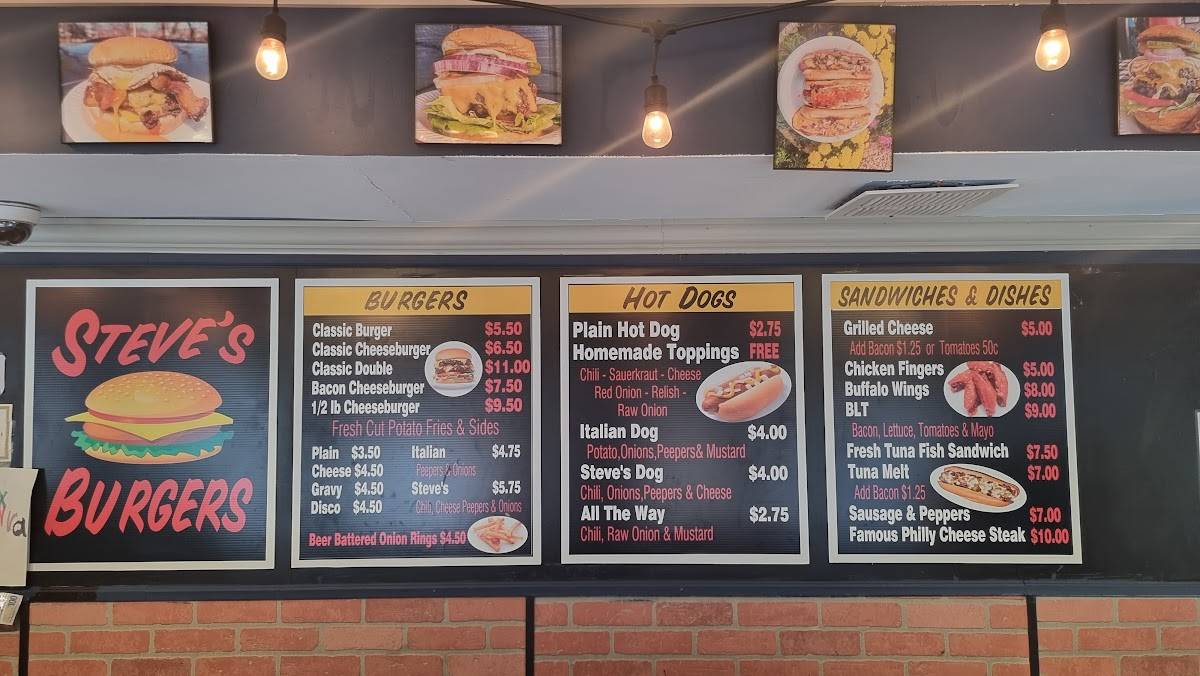 Menu at Steve's Burgers restaurant, Garfield, 68 Passaic St