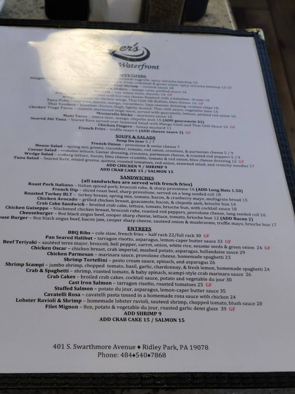 Menu at Stinger's Waterfront pub & bar, Ridley Park