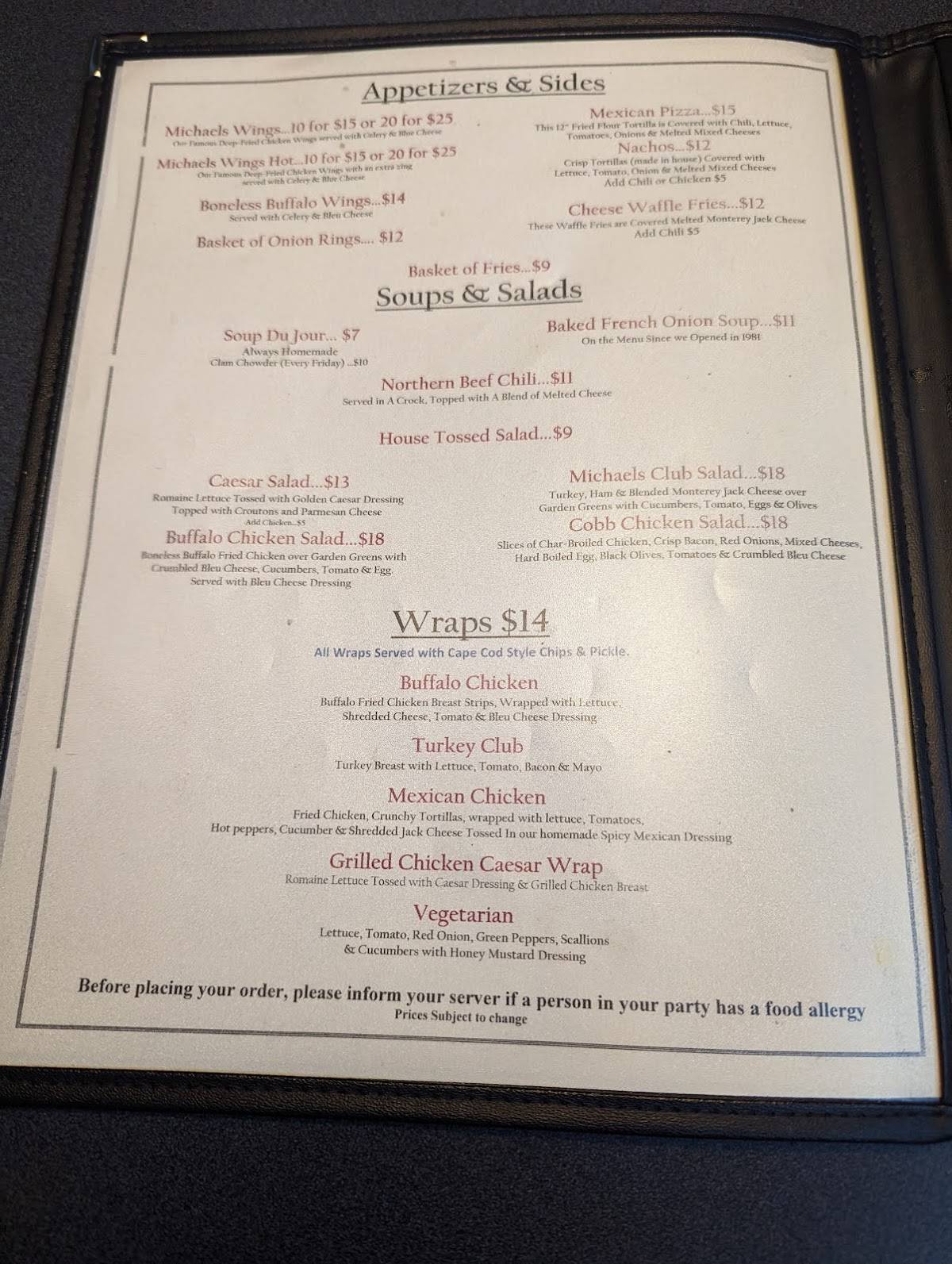 Menu at Michaels of Stockbridge pub & bar, Stockbridge
