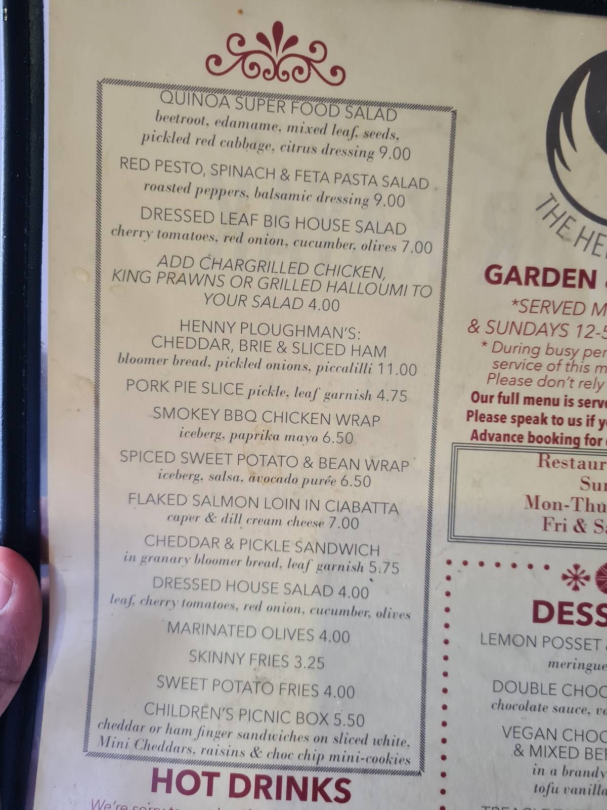 Menu at The Henny Swan restaurant, Sudbury, Henny Rd