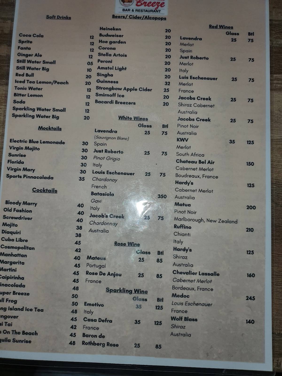 Menu at Super Breeze Bar & Restaurant, Al Jazirah Al Hamra