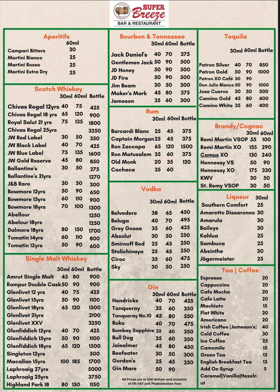 Menu at Super Breeze Bar & Restaurant, Al Jazirah Al Hamra