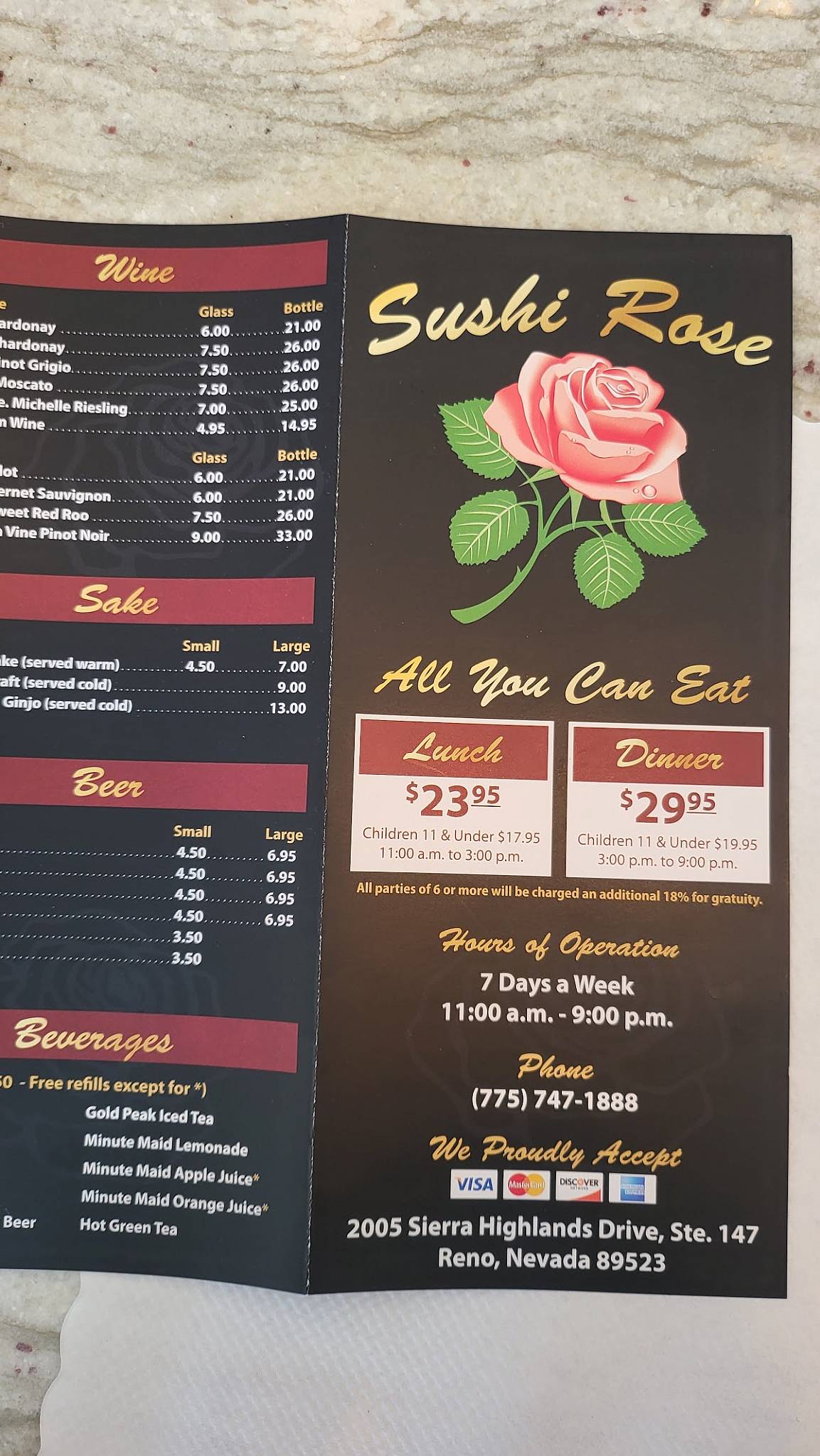 Menu at Sushi Rose restaurant, Reno, Sierra Highlands Dr Ste B147A