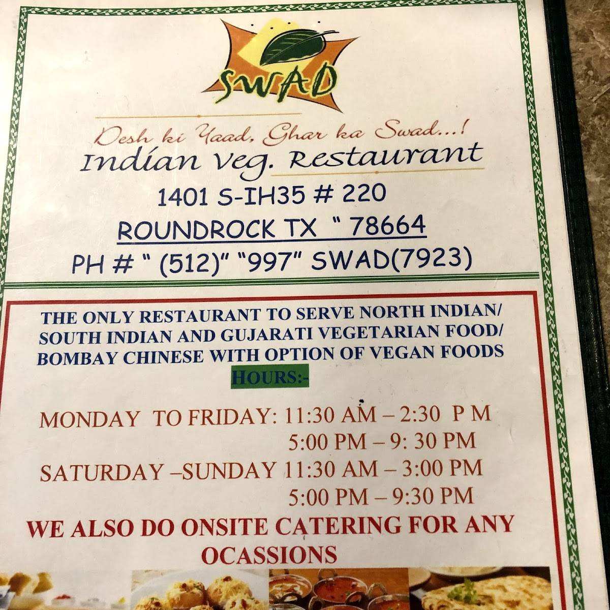 Menu at Swad Indian Vegetarian Restaurant, Round Rock, S I-35 Frontage ...