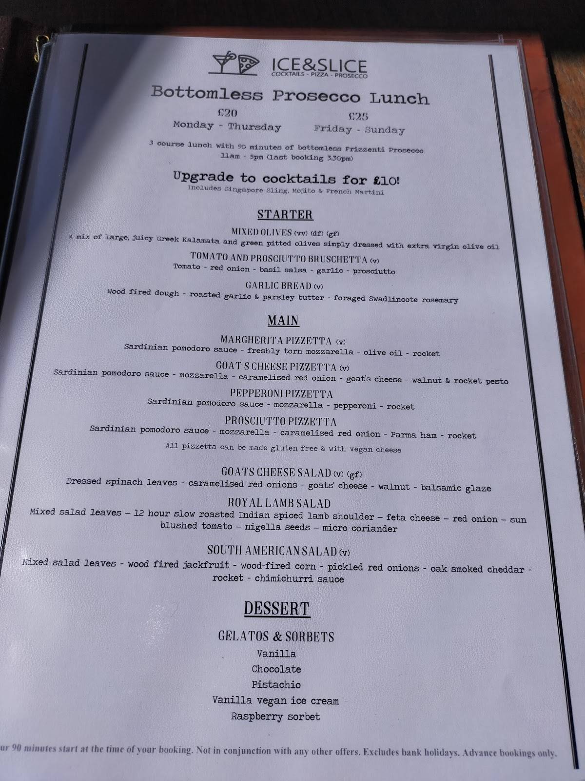 Menu at Ice & Slice at The Kiln restaurant, Swadlincote