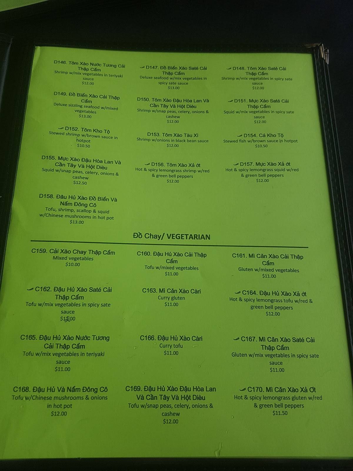 Menu at T.H. Dang Restaurant, Winnipeg