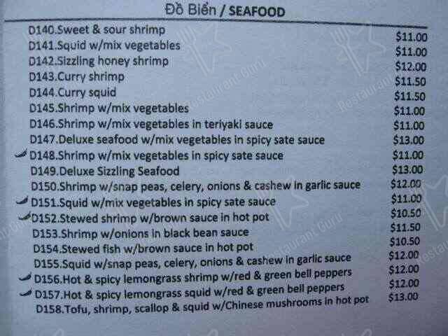 Menu at T.H. Dang Restaurant, Winnipeg