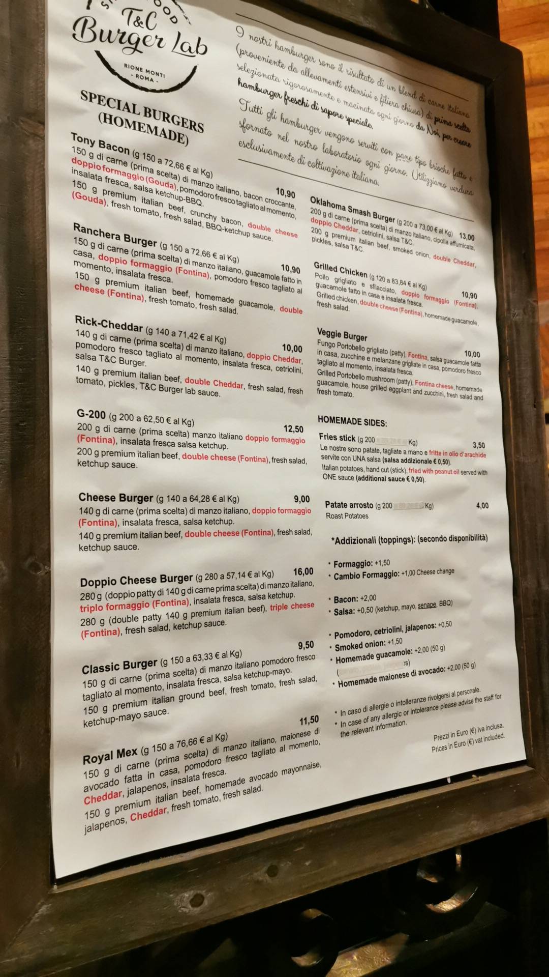 Menu at T. & C. Burger Lab fast food, Rome
