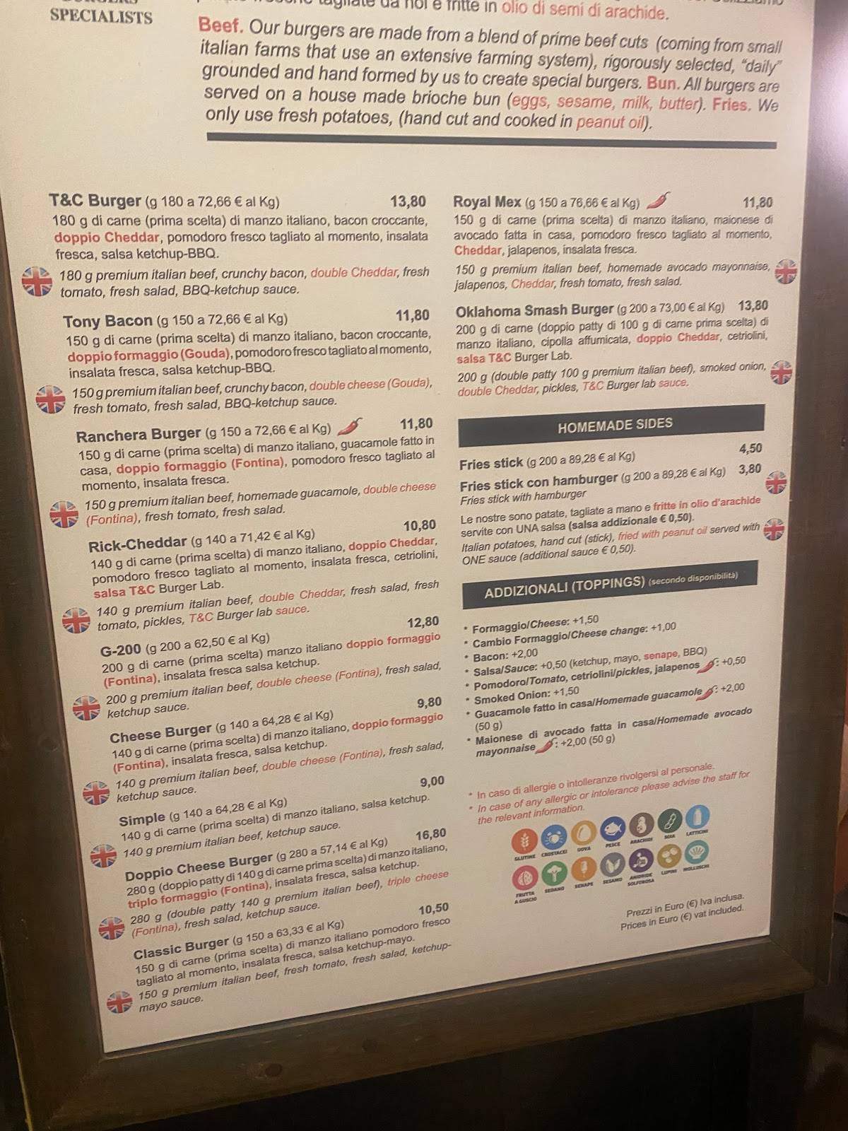 Menu at T. & C. Burger Lab fast food, Rome