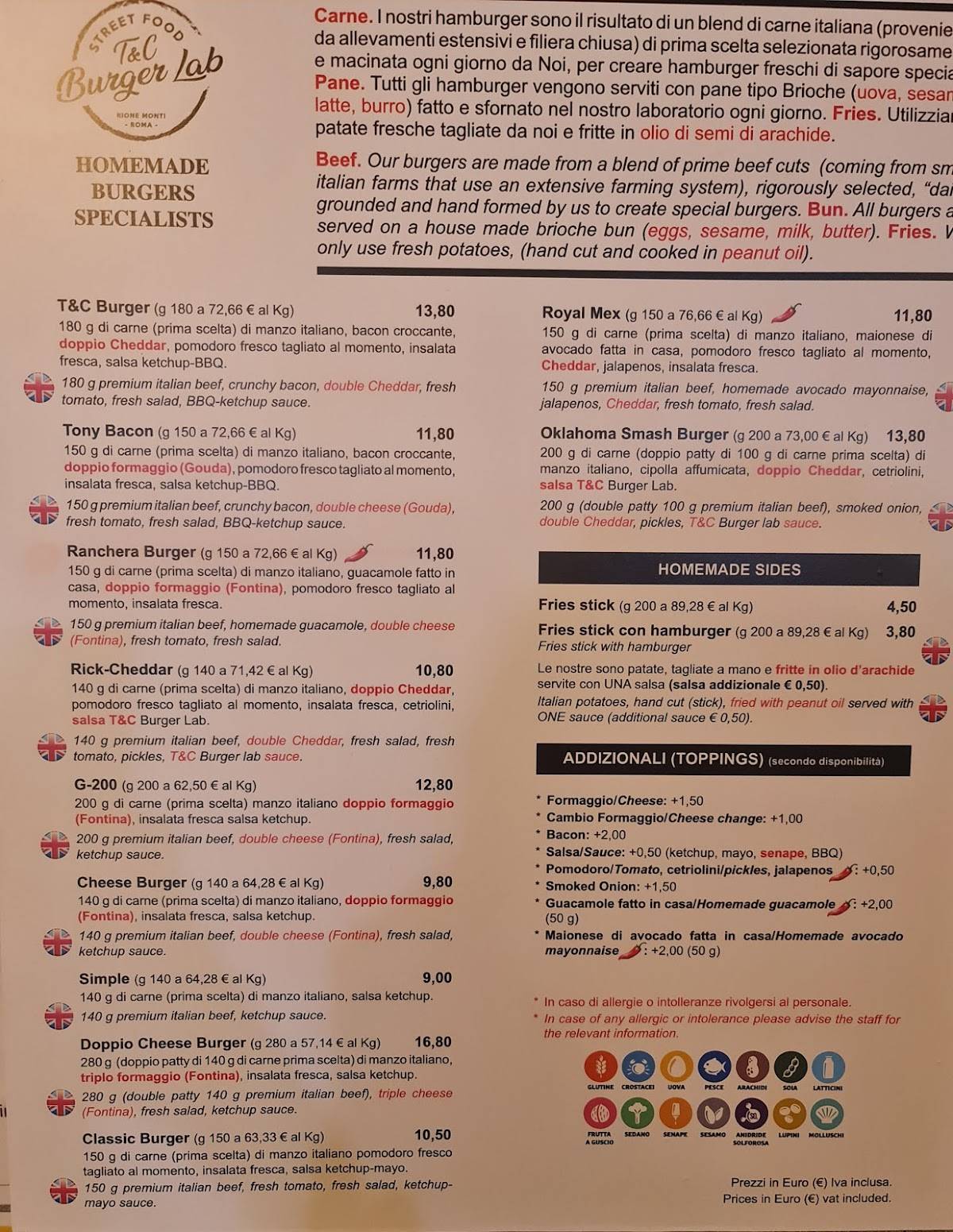 Menu at T. & C. Burger Lab fast food, Rome