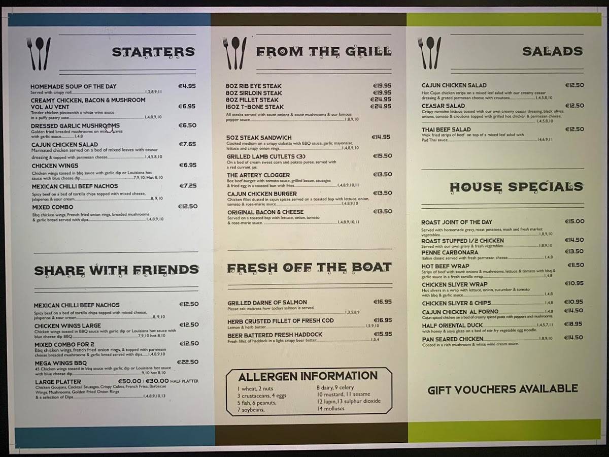 Menu at THE TREETOP RESTAURANT / THE STEERING WHEEL BAR, Clondalkin