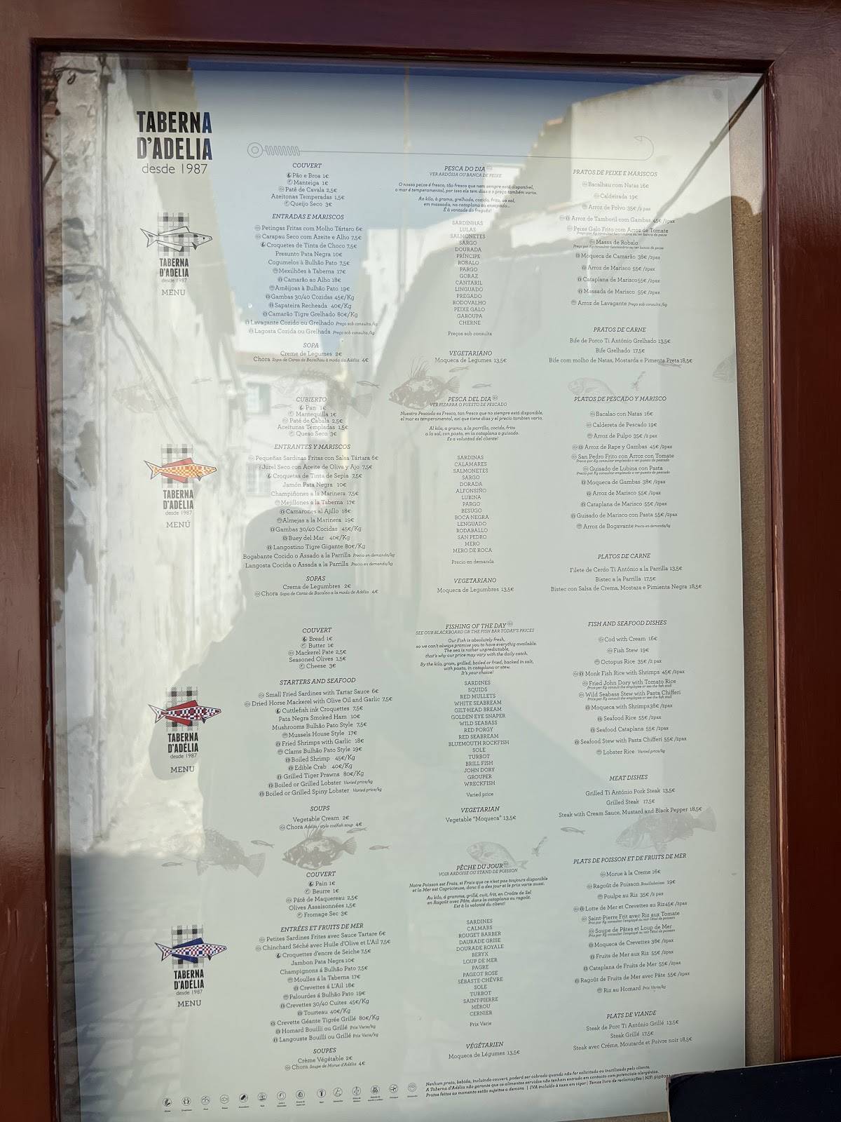 Menu at Taberna d'Adelia restaurant, Nazaré