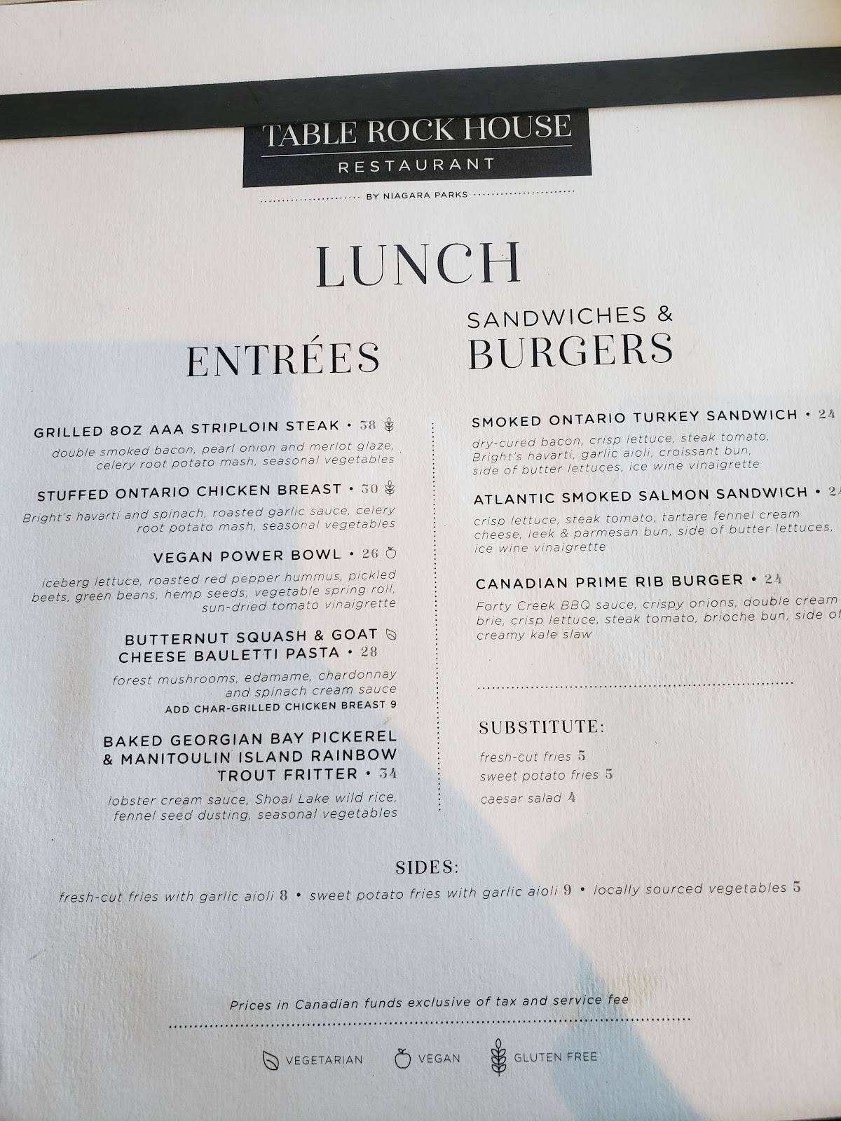 Menu at Table Rock House Restaurant, Niagara Falls