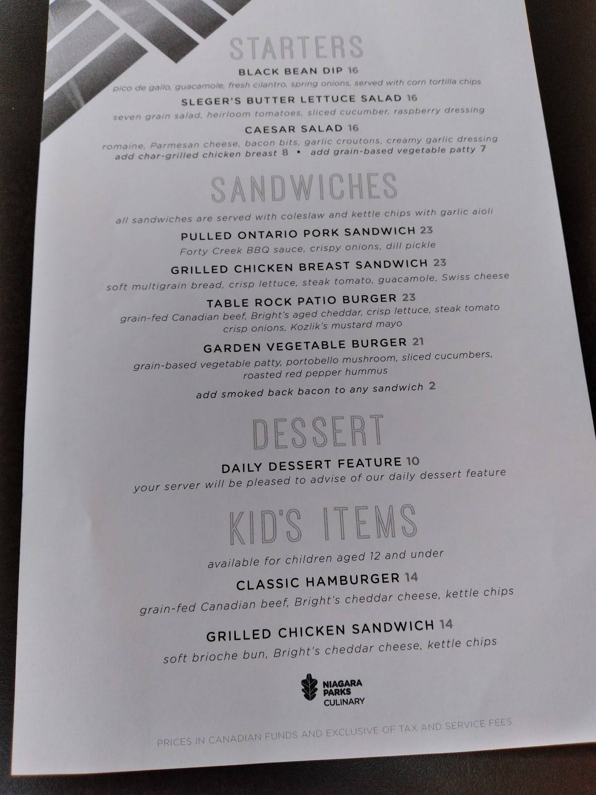 Menu at Table Rock House Restaurant, Niagara Falls
