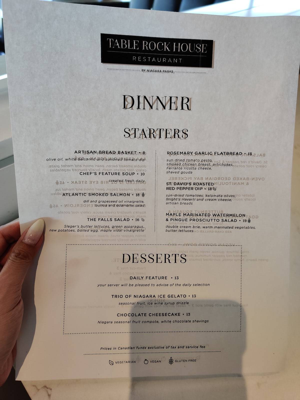 Menu at Table Rock House Restaurant, Niagara Falls