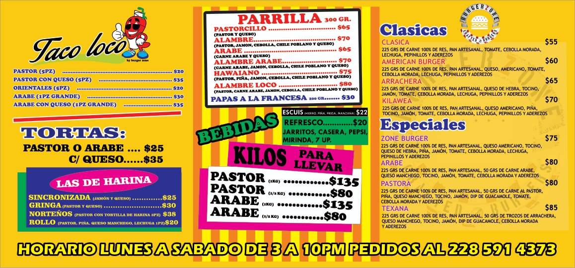 Menu at Taco Loco restaurant, Xalapa, Plaza Gastronomica San Jose Local 13